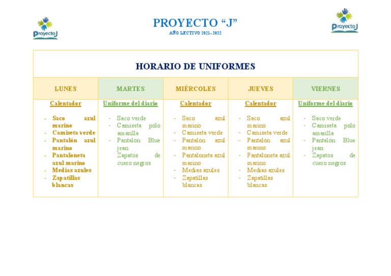 Horario Uniformes Escolares 2021-2022 | PDF