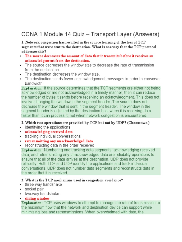 CCNA 1 Module 14 Quiz Transport Layer Answers | PDF | Transmission ...