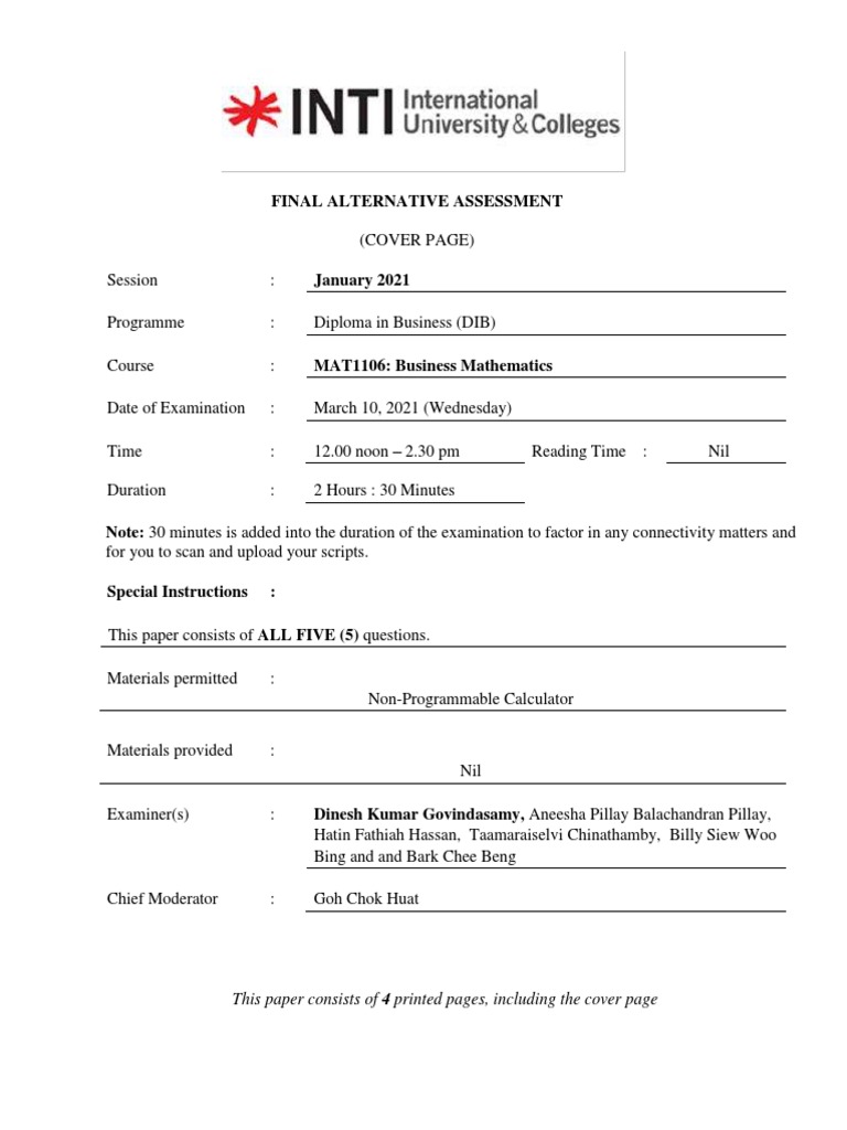 Approved Final Alternative Assessment MAT1106 | PDF | Interest | Demand