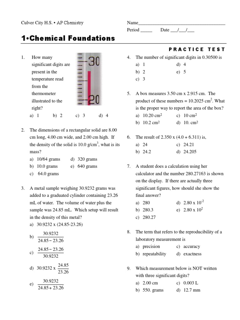 1 - Chemical Foundations: Practice Test | PDF | Chemical Substances ...