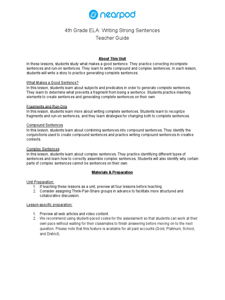 4th Grade ELA: Strong Sentence Writing | PDF