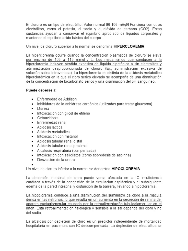 Hipercloremia e Hipocloremia: Causas y Tratamiento | PDF | Riñón ...