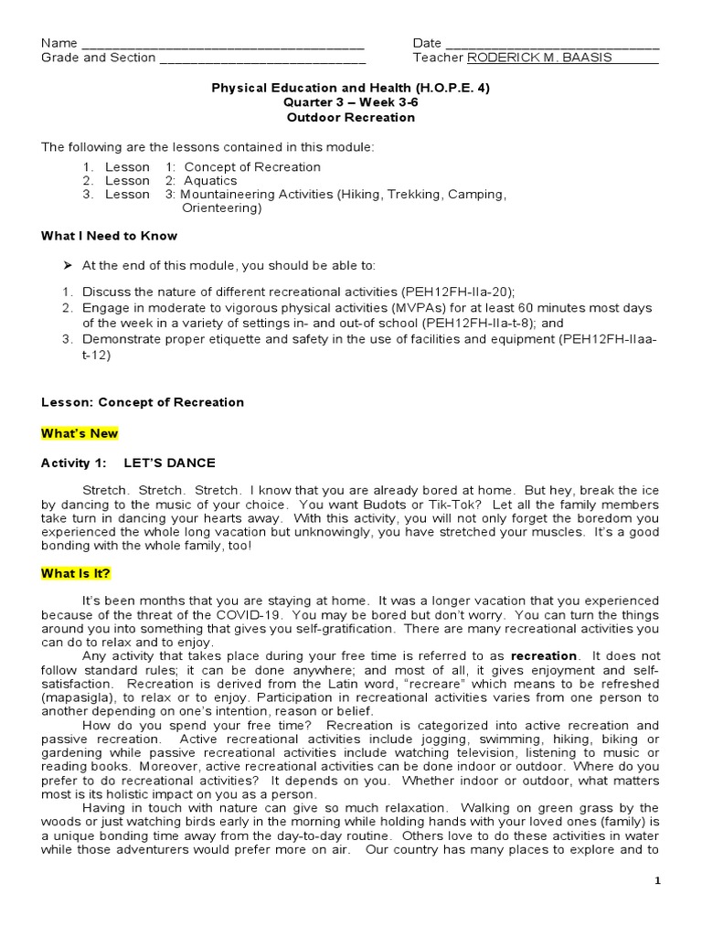 Preparing for Outdoor Recreation: A Quarterly Module on Physical ...