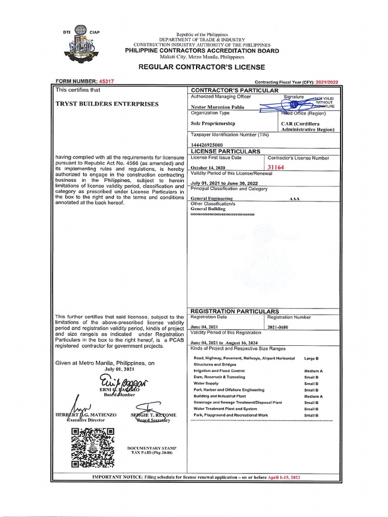 Pcab License 2021 2022 | PDF