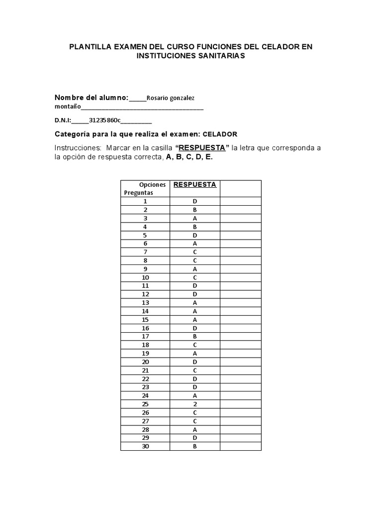 Plantilla Examen Del Curso Funciones Del Celador en Instituciones Sanitarias | PDF