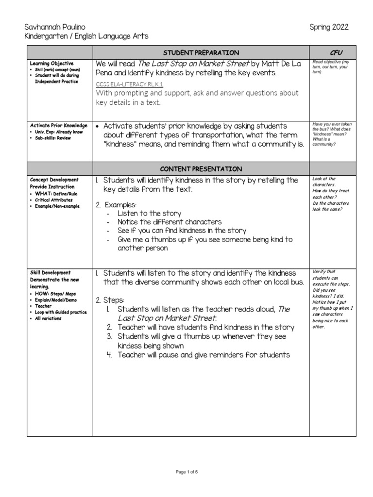 Kindergarten ELA Lesson on Kindness | PDF | Human Communication | Cognition