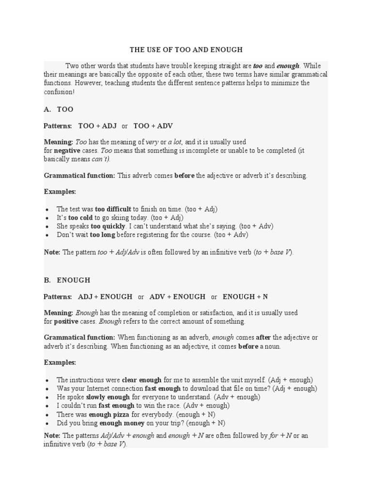 The Use of Too and Enough | PDF | Adverb | Adjective