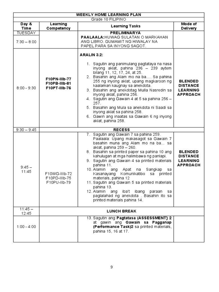 Tuesday Learning Plan | PDF