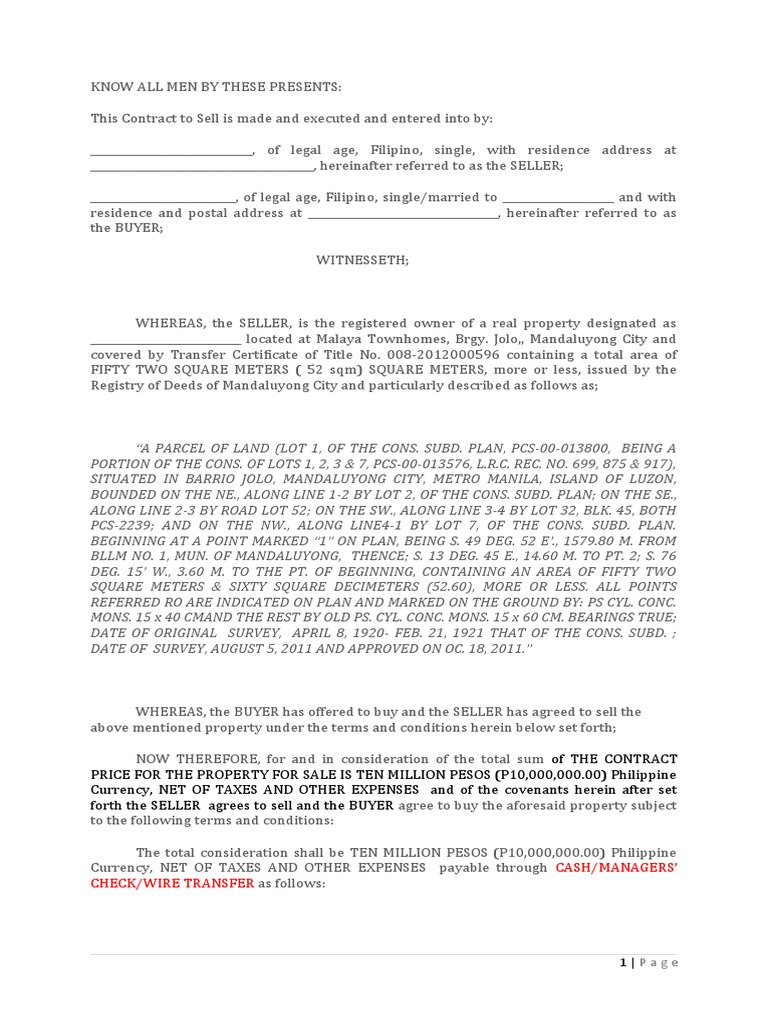Contract To Sell Sample | Download Free PDF | Title (Property) | Taxes