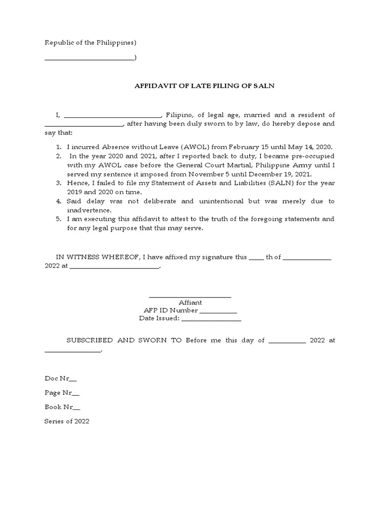 Affidavit of LAte Filing SALN - Sample | PDF | Business