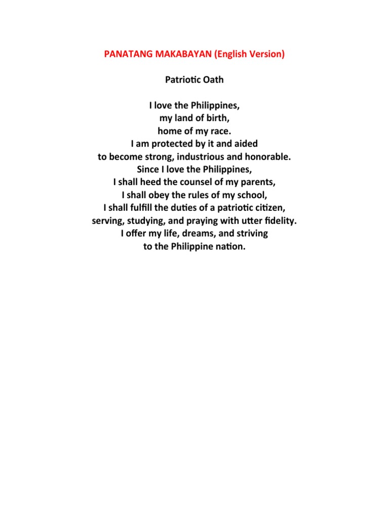 Panatang Makabayan (English Version) | PDF