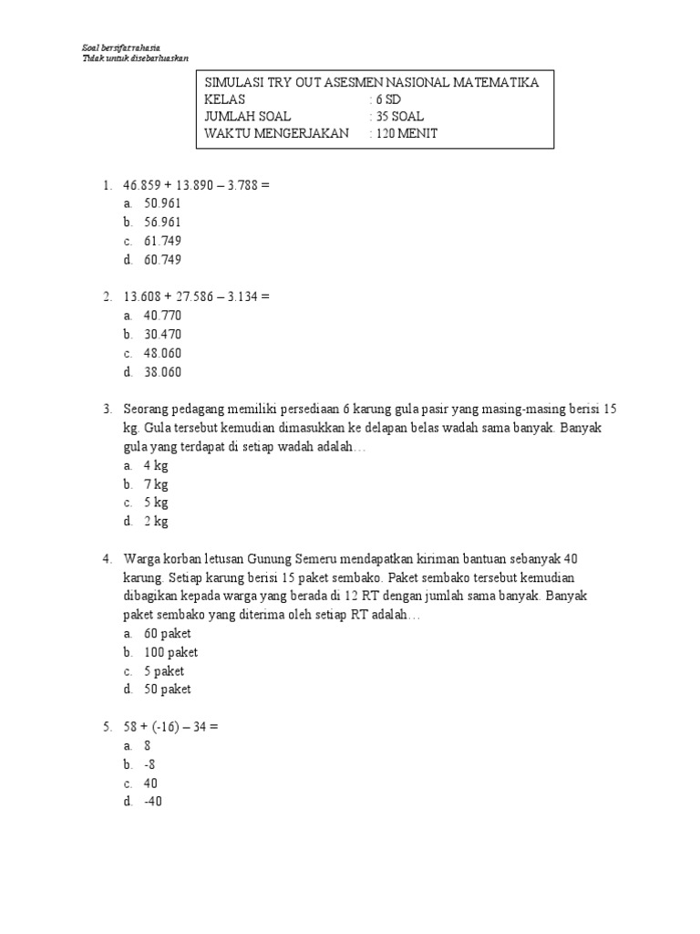 Soal Try Out Matematika Kelas 6 2025 | PDF | Metode & Bahan Ajar