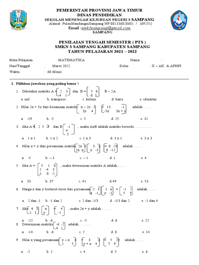 PTS MTK Genap KLS X, Xi 2022 | PDF