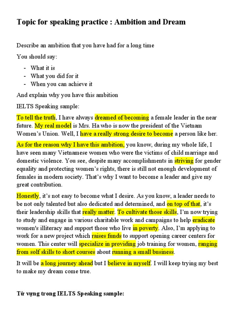 Topic For Speaking Practice: Ambition and Dream: T V NG Trong IELTS ...