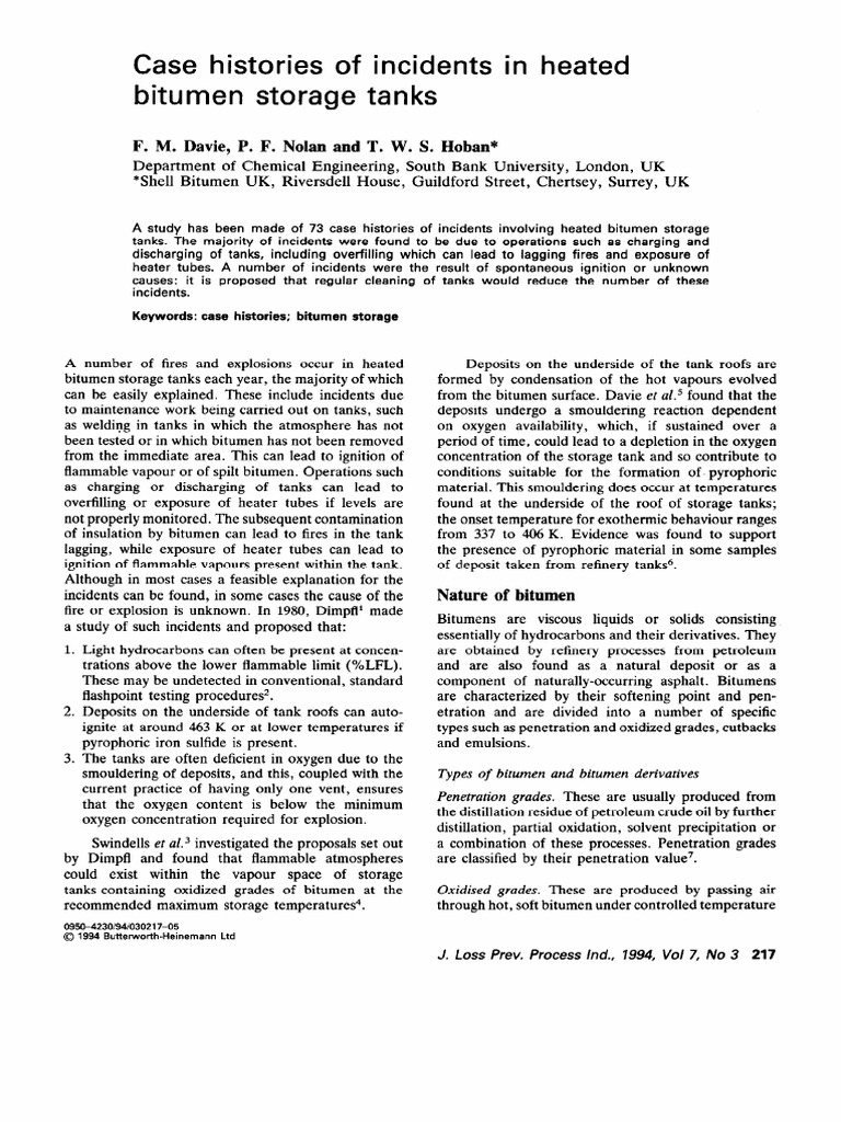 Case Histories of Incidents in Heated Bitumen Storage Tanks | PDF ...