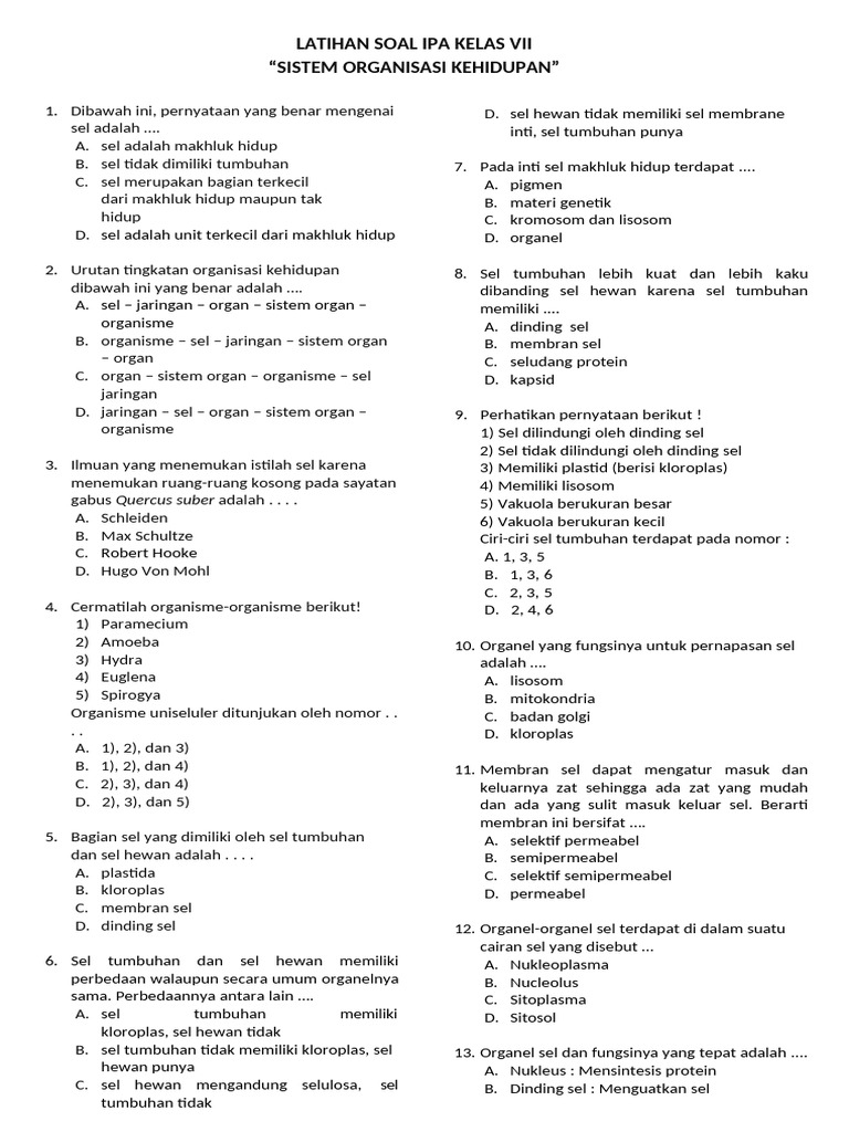 Latihan Soal Ipa Kelas VII Sistem Organisasi Kehidupan Dikonversi | PDF