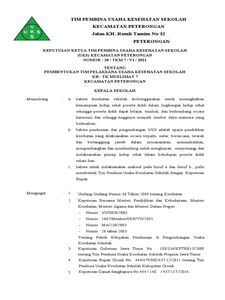 Contoh SK Tim Pembina Uks Lembaga | PDF