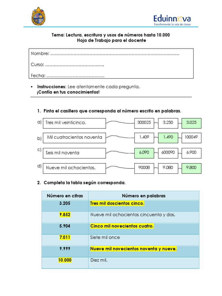 Hoja de trabajo: Lectura y escritura de números | PDF
