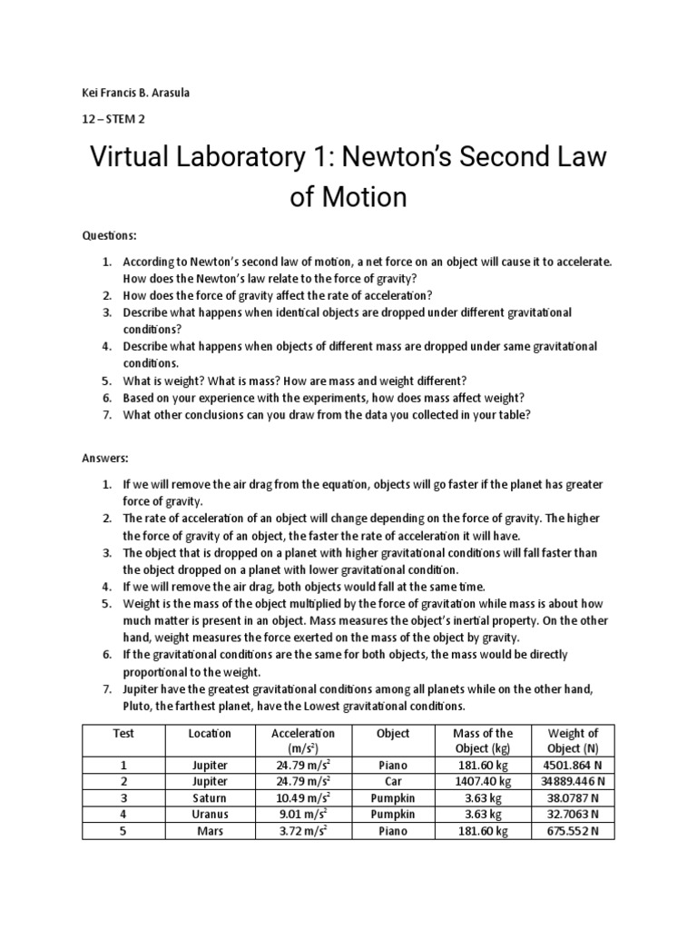 Virtual Laboratory 1: Newton's Second Law of Motion | PDF | Gravity | Mass