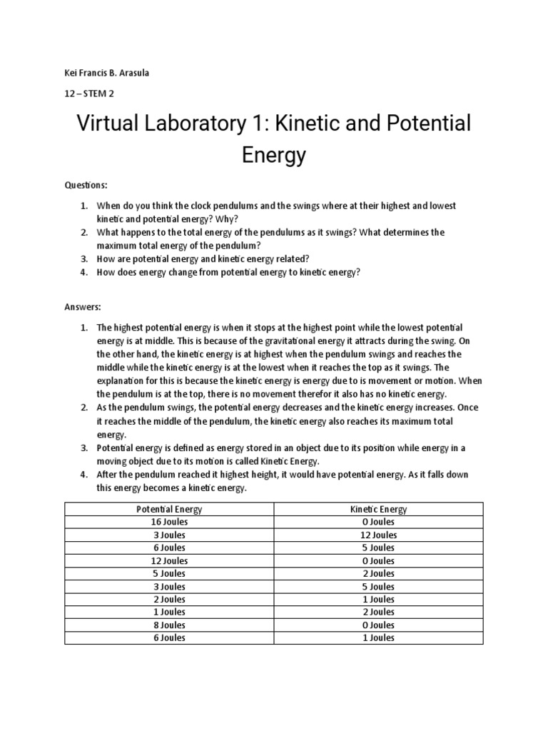 Virtual Laboratory 1: Kinetic and Potential Energy | PDF | Potential ...