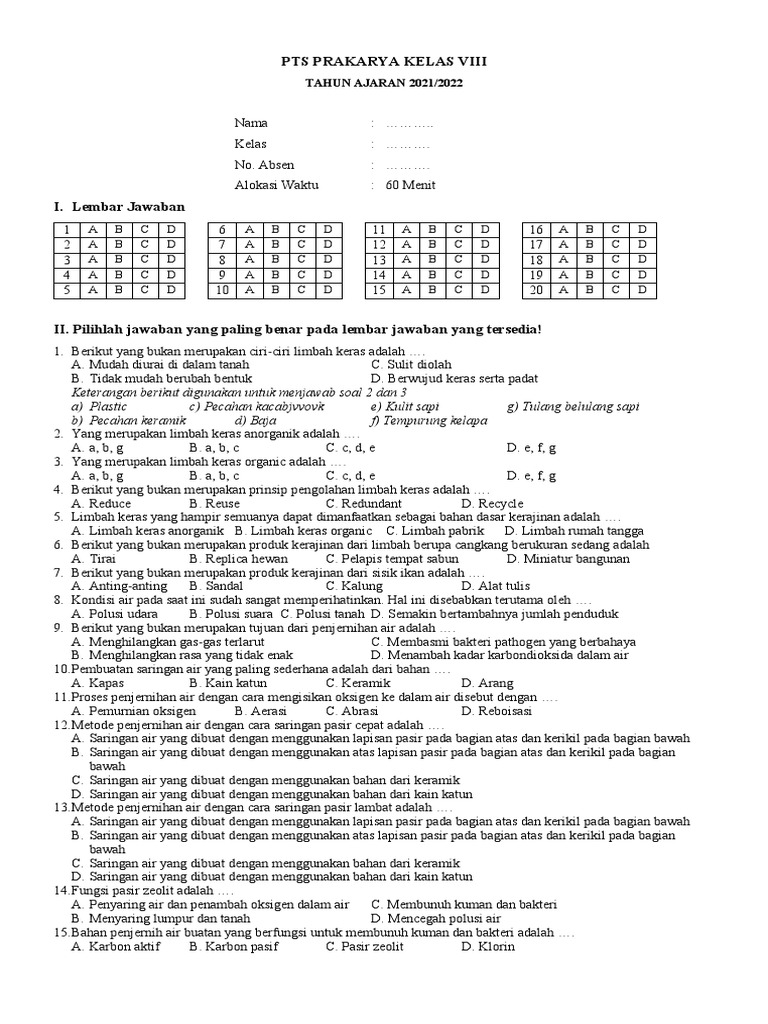 Soal PTS Prakarya Kelas 8 Semester 2 | PDF