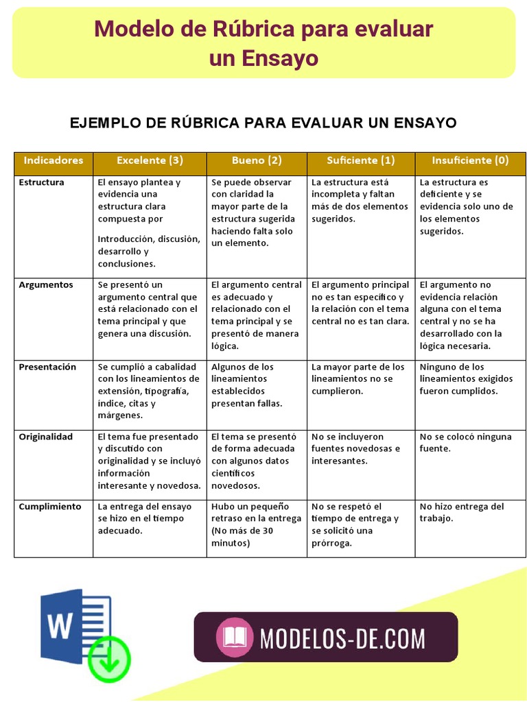 Modelo Rubrica Evaluar Ensayo | PDF | Ensayos