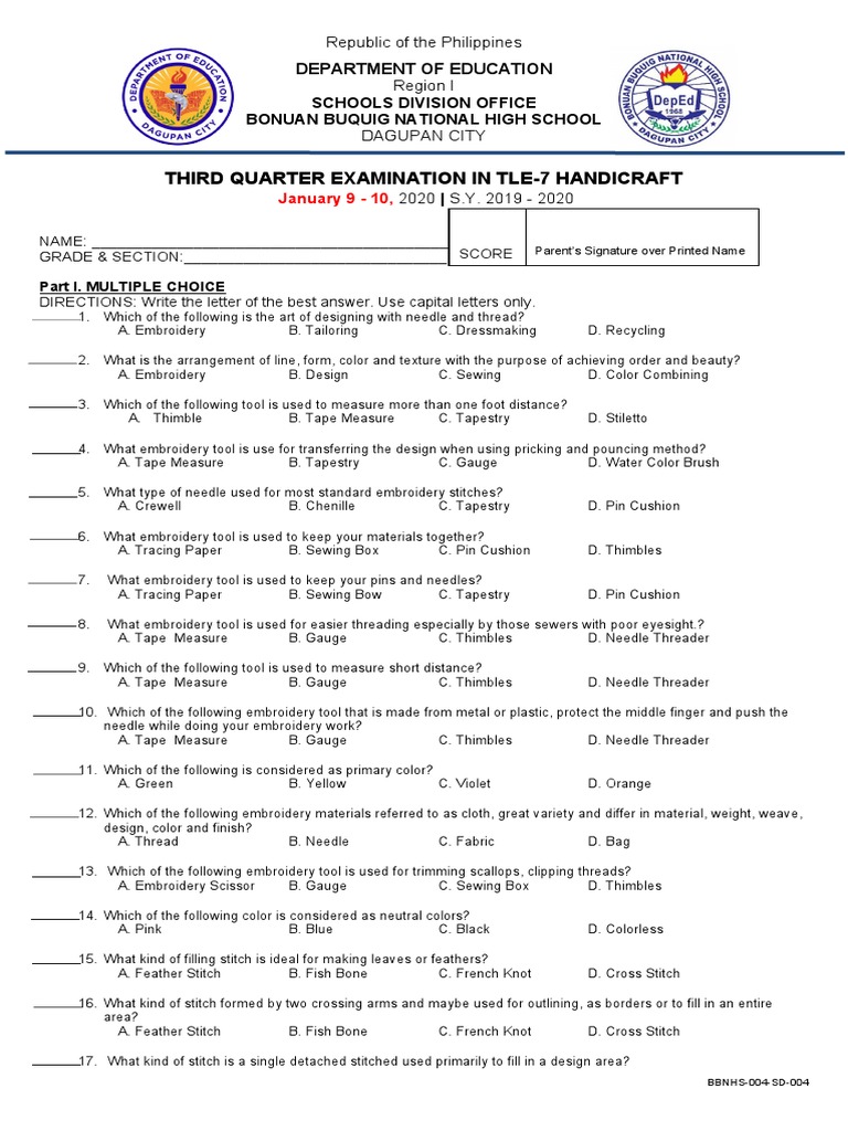 TLE-7 Handicraft Exam Guide | PDF | Color | Embroidery
