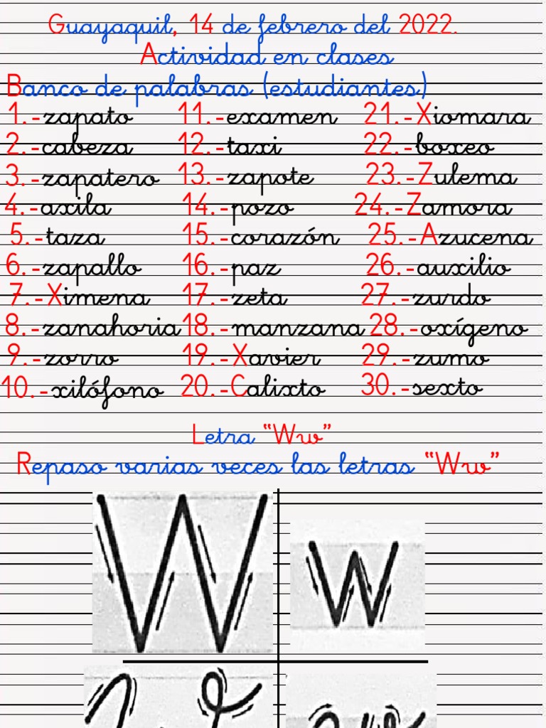 Banco de Palabra de La Letra X y Z (Letra W) | PDF