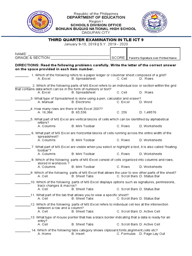 Third Quarter Computer Hardware Servicing Exam | PDF | Microsoft Excel | Spreadsheet