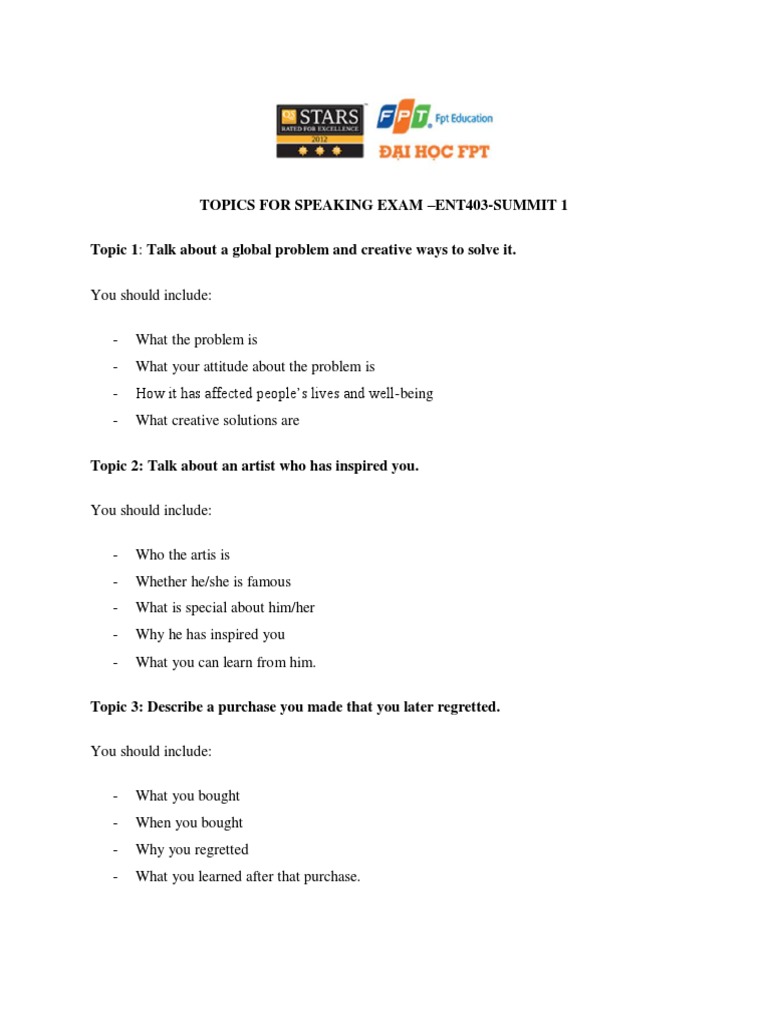 Speaking Exam Topics for ENT403 | PDF | Communication | Psychology