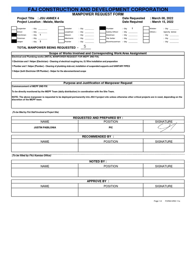 Faj Construction and Development Corporation: Manpower Request Form ...