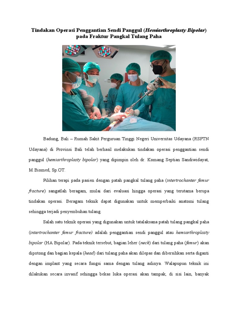 Tindakan Operasi Penggantian Sendi Panggul (Hemiarthroplasty Bipolar ...