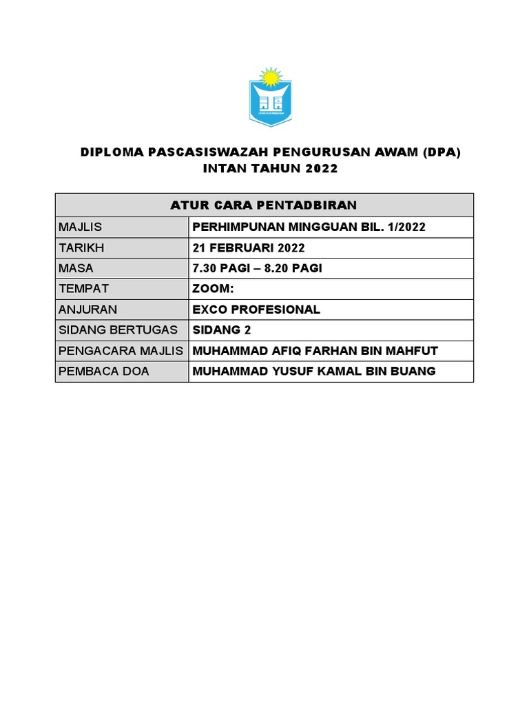 ATURCARA PENTADBIRAN PERHIMPUNAN MINGGUAN DPA INTAN 2022 ONLINE | PDF