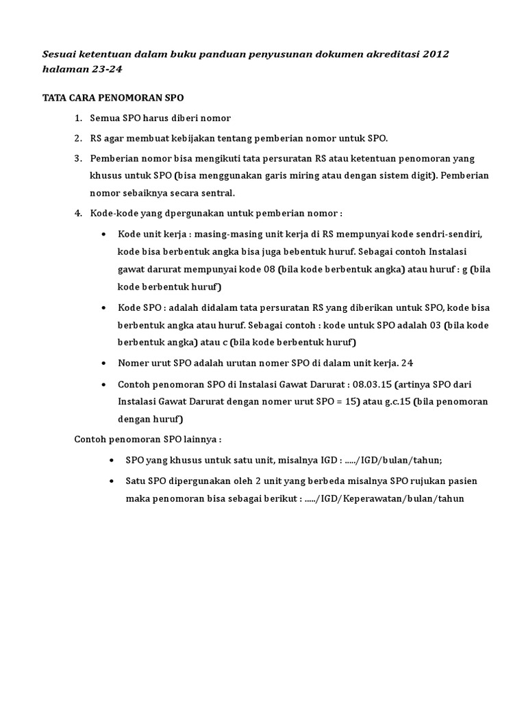 Tata Cara Penomoran SPO di RS | PDF