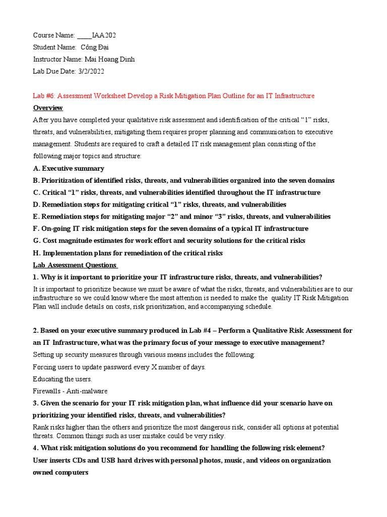 Lab #6: Assessment Worksheet Develop A Risk Mitigation Plan Outline For ...