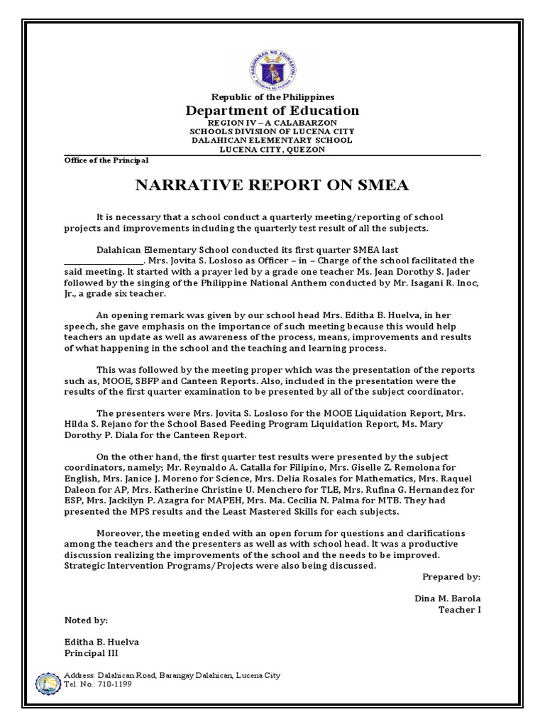 Narrative Report On Smea First Quarter | PDF | Learning | Cognition