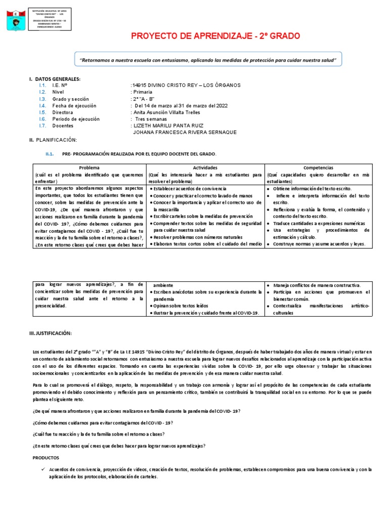 Proyecto de Aprendizaje Segundo Grado | PDF | Aprendizaje | Salón de clases