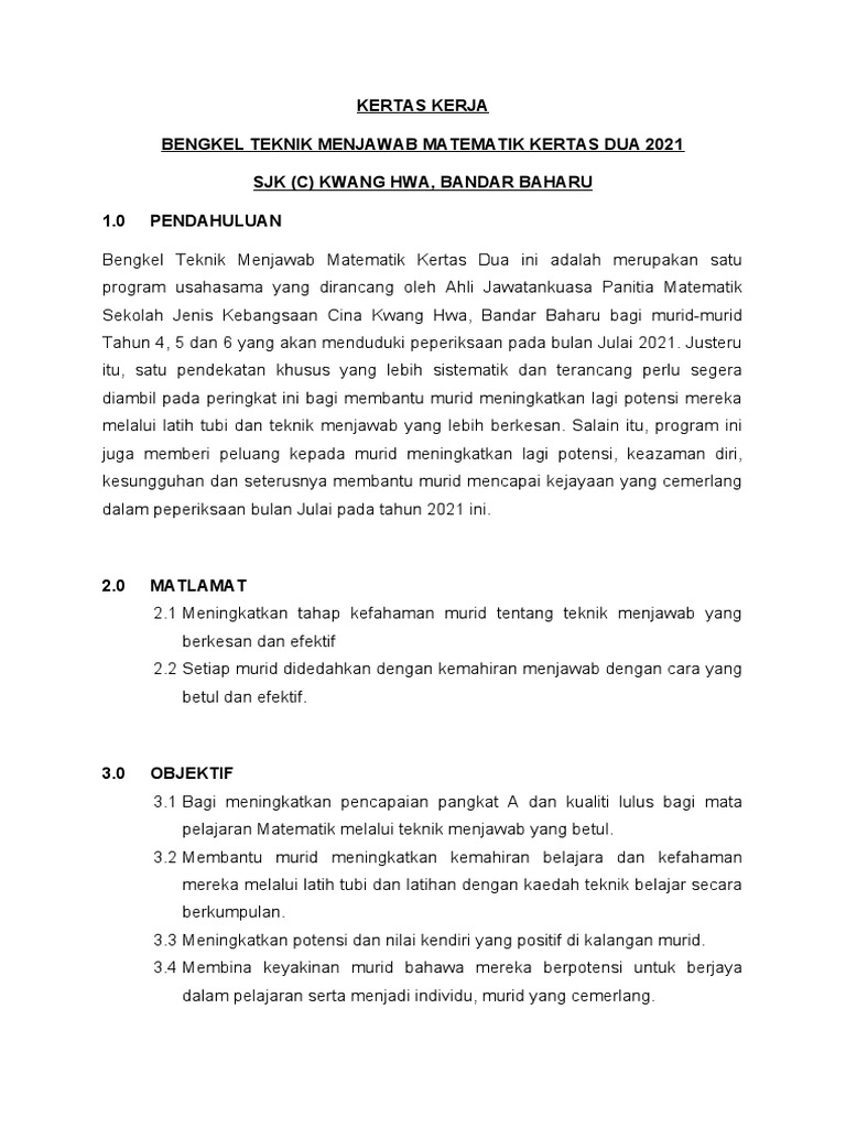 Kertas Kerja Bengkel Teknik Menjawab Matematik Kertas Dua 2021 | PDF