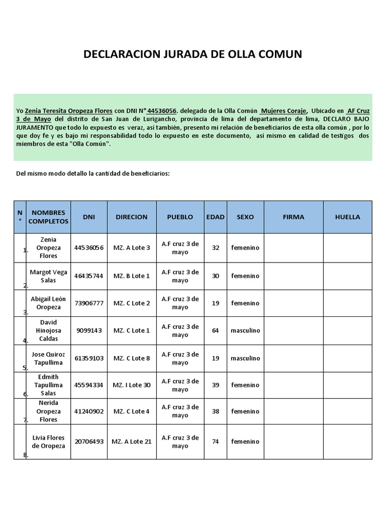 Declaración Olla Común Mujeres Coraje | PDF
