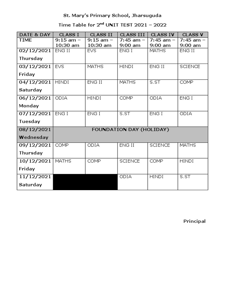 2nd Unit Test Time Table 2021-2022 | PDF
