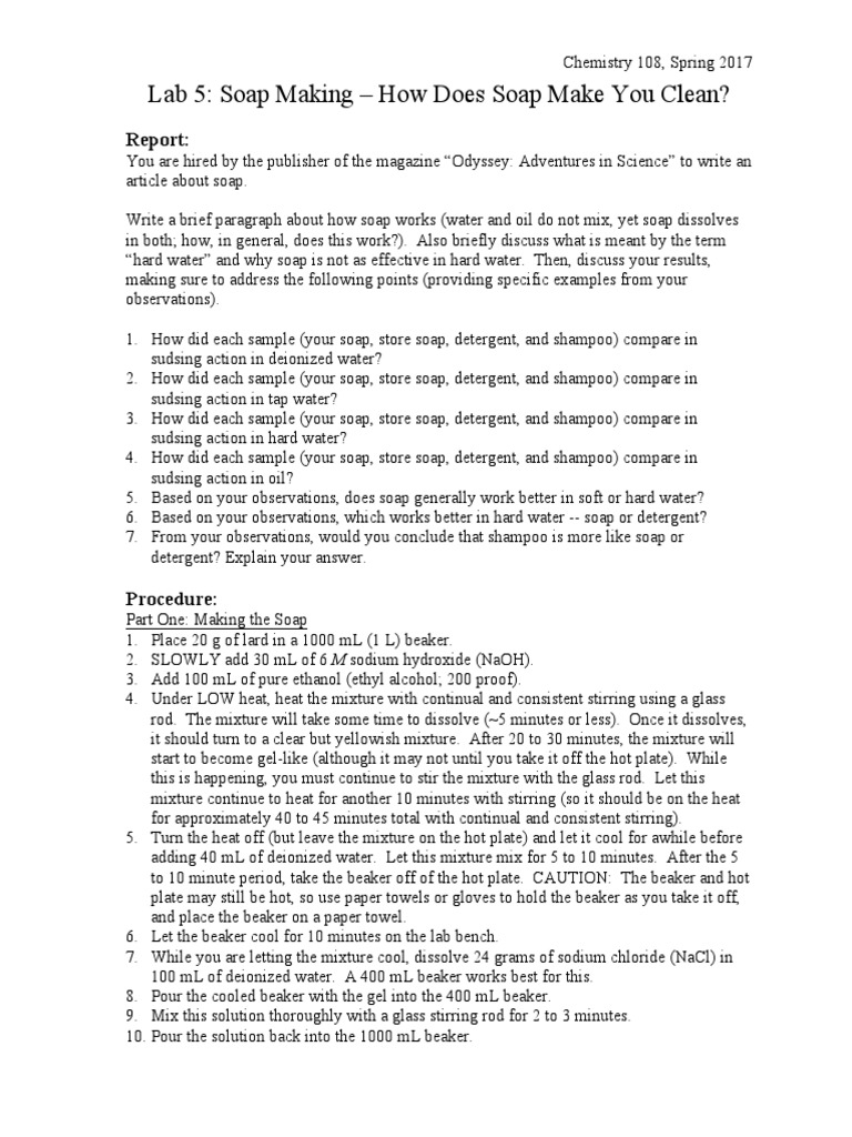 Lab 5: Soap Making - How Does Soap Make You Clean?: Report | PDF | Soap ...