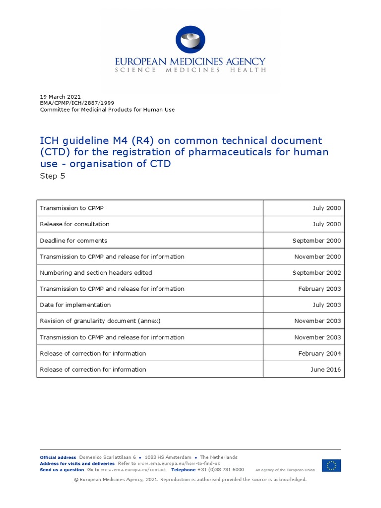 Ich Guideline m4 r4 Common Technical Document CTD Registration Pharmaceuticals Human Use en ...