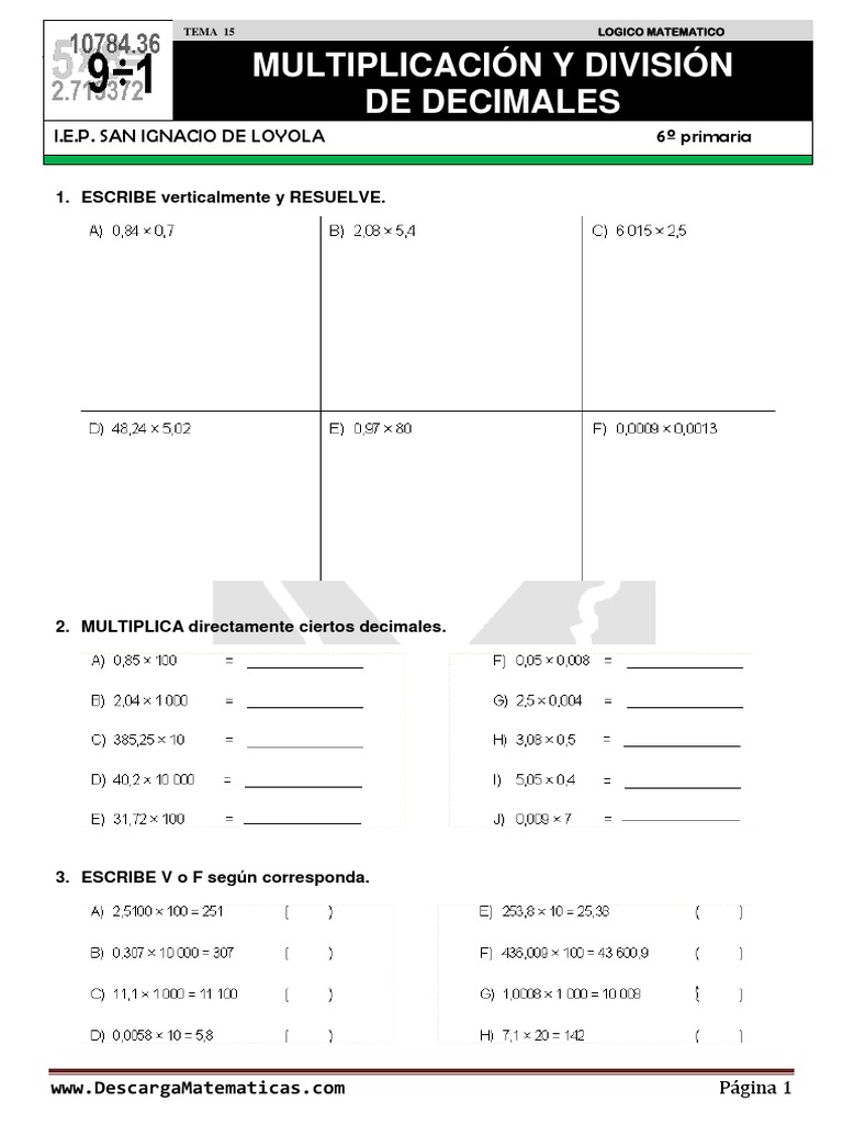 15 Multiplicación y División de Decimales Sexto de Primaria | PDF