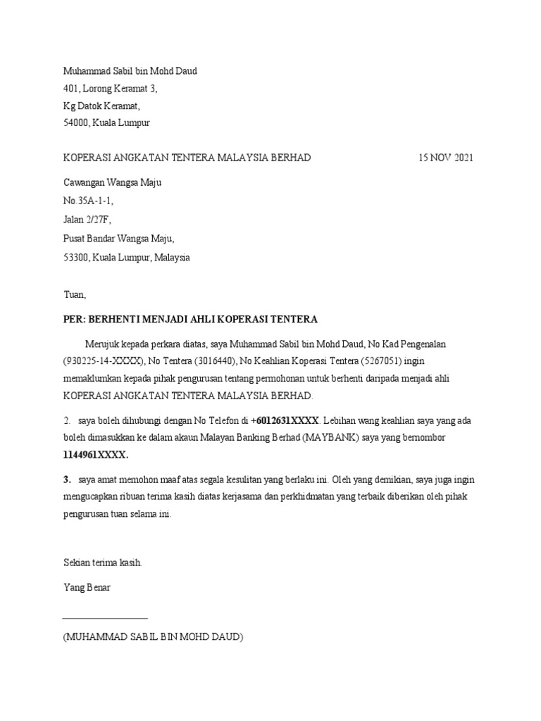 Surat Berhenti Ahli Koperasi | PDF