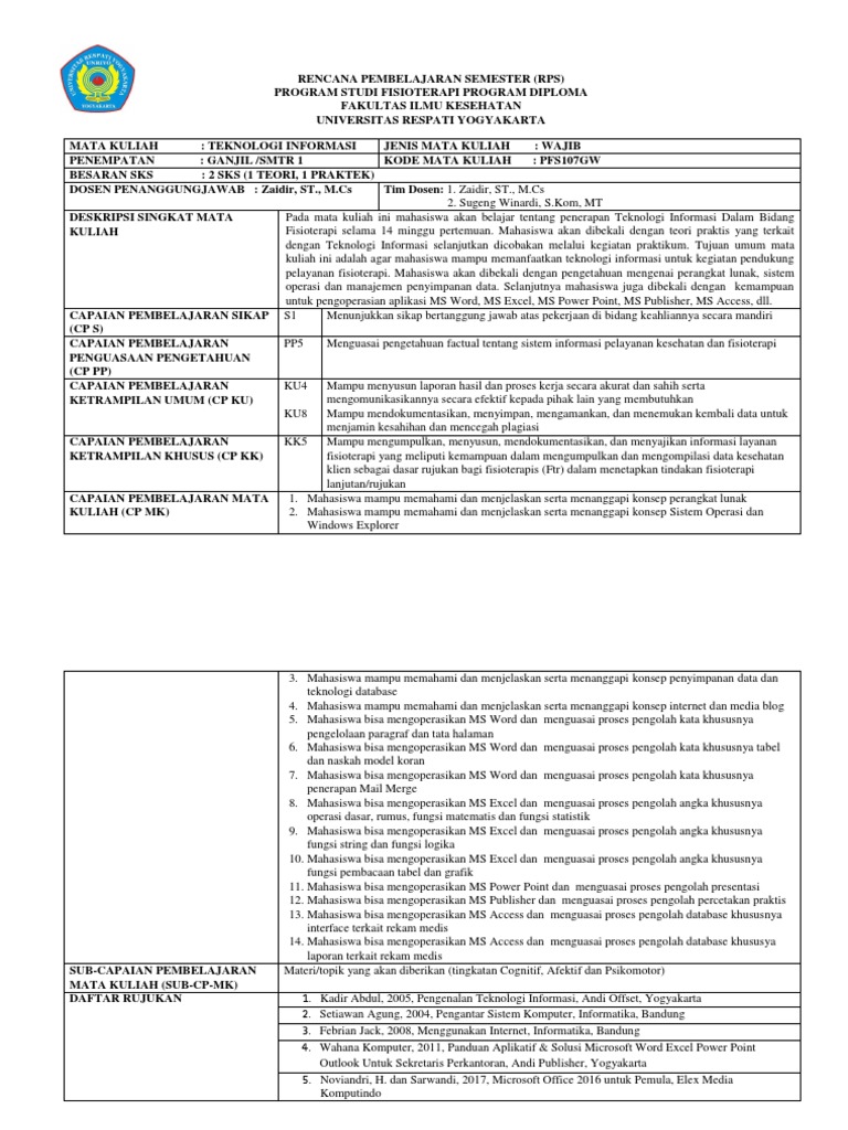RPS Teknologi Informasi Fisioterapi | PDF