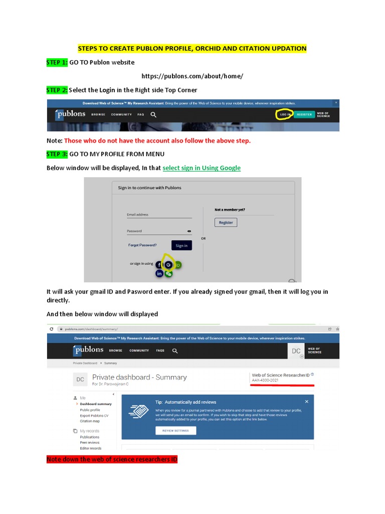 STEPS TO PUBLON (Also Orchid) PROFILE AND CITATION UPDATE | PDF