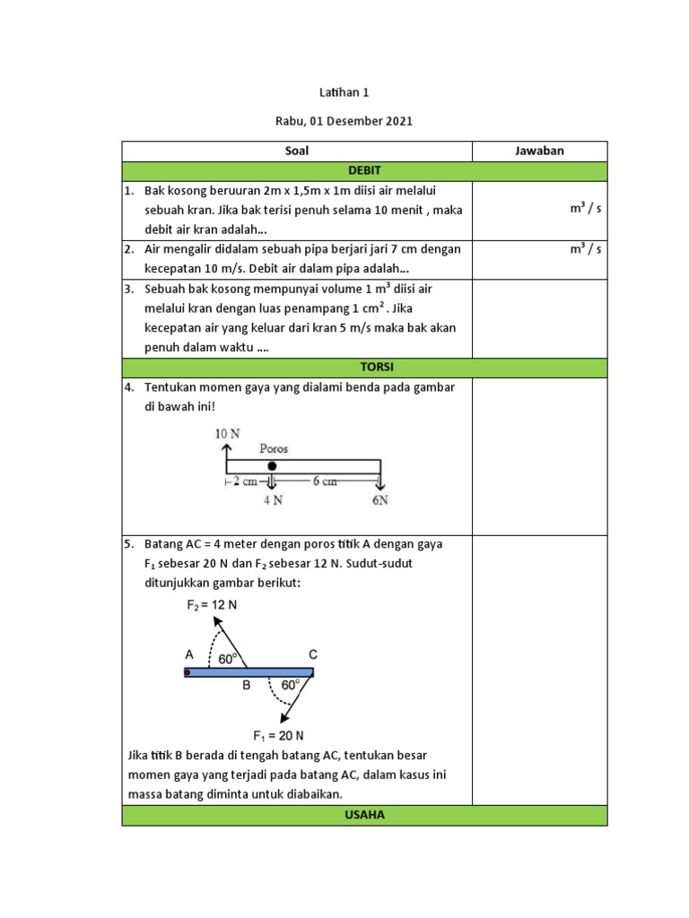 Latihan Soal Fisika Debit, Torsi, Usaha, Energi | PDF