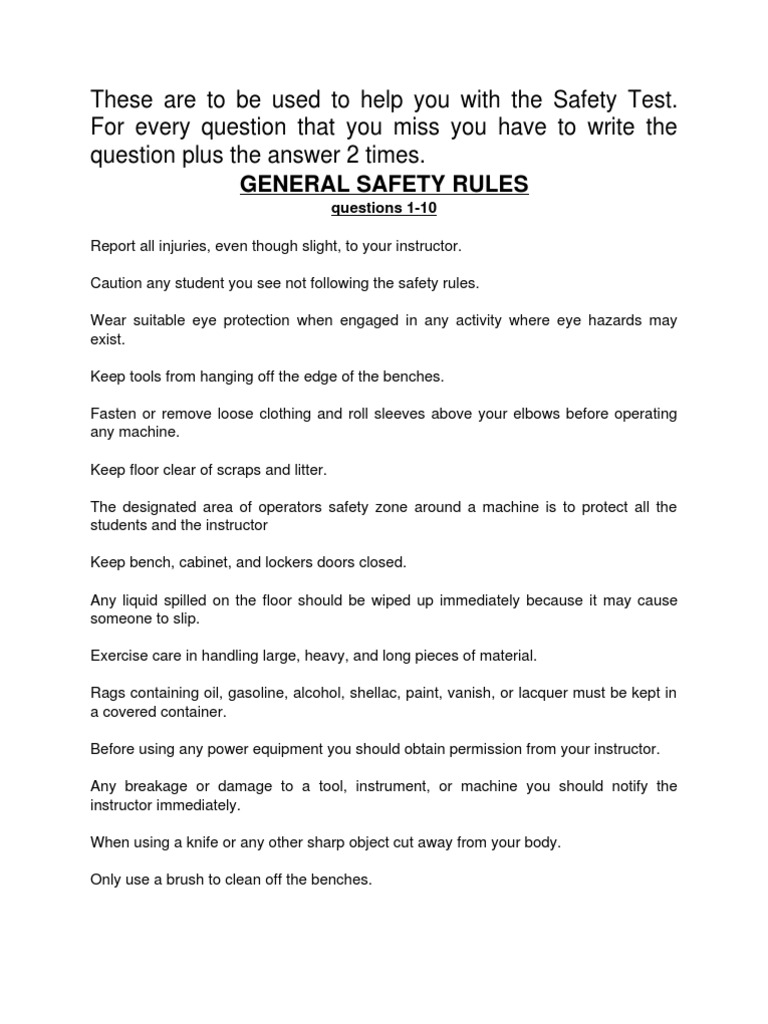 Woodshop Safety Rules and Test Guide | PDF | Drill | Woodworking