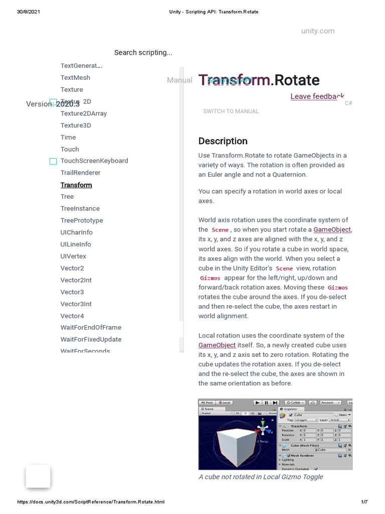 Unity Scripting Api Transform Rotate Pdf Cartesian Coordinate