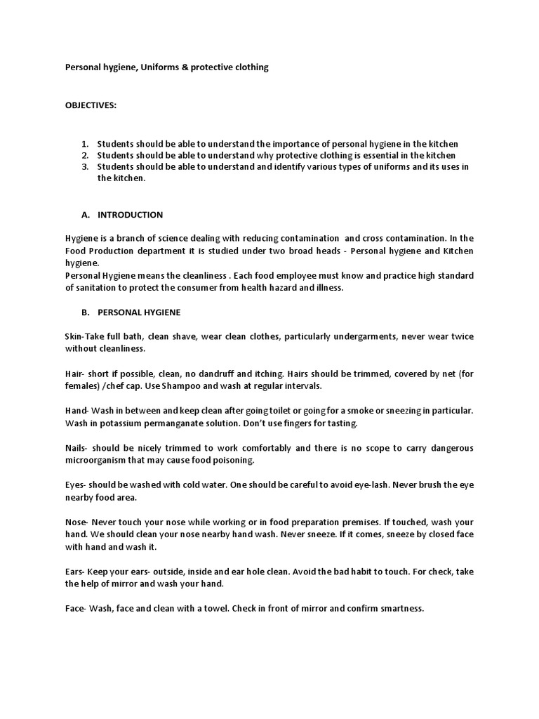 No 2 Personal Hygiene Uniform and Protective Clothing | PDF | Hygiene ...
